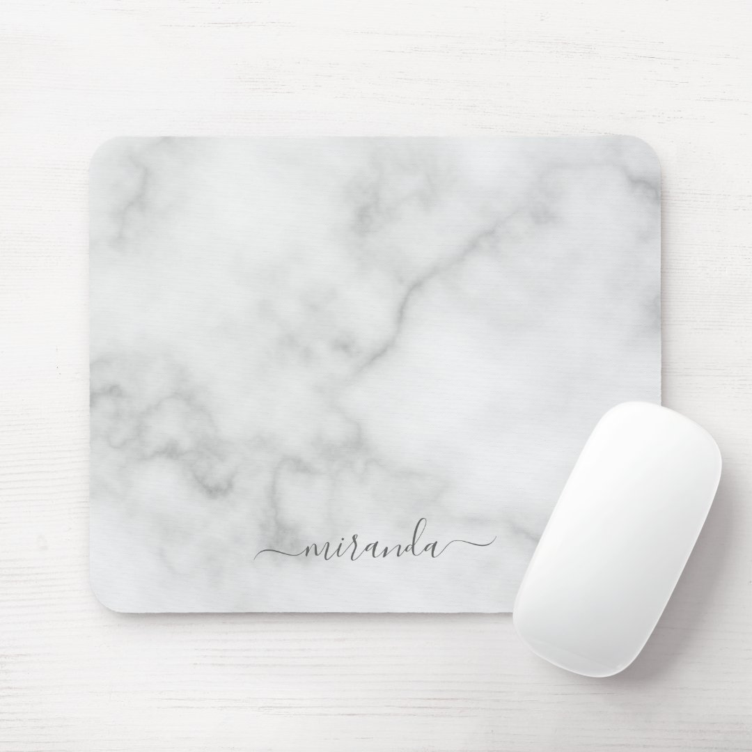 Modern Script Personalized Name White Marble Mouse Pad | Zazzle