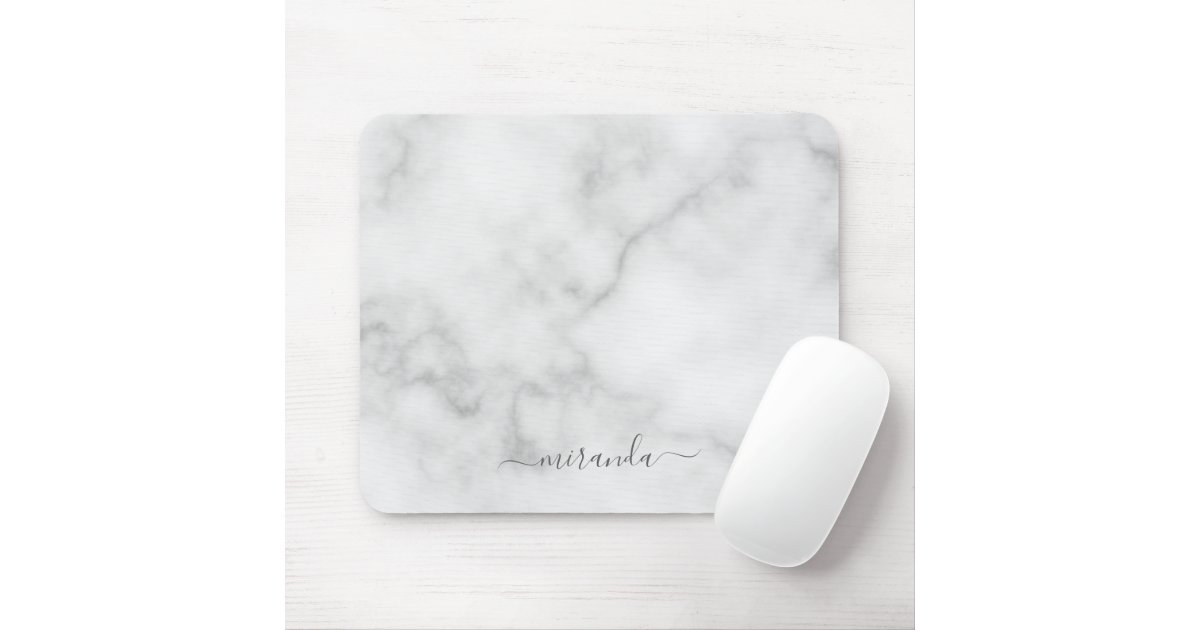 Modern Script Personalized Name White Marble Mouse Pad | Zazzle