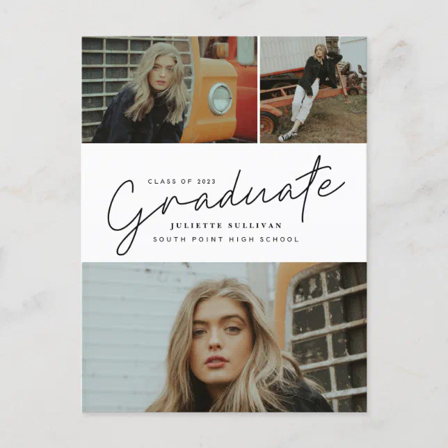 Modern Script Photo Collage Graduation Invitation Postcard | Zazzle
