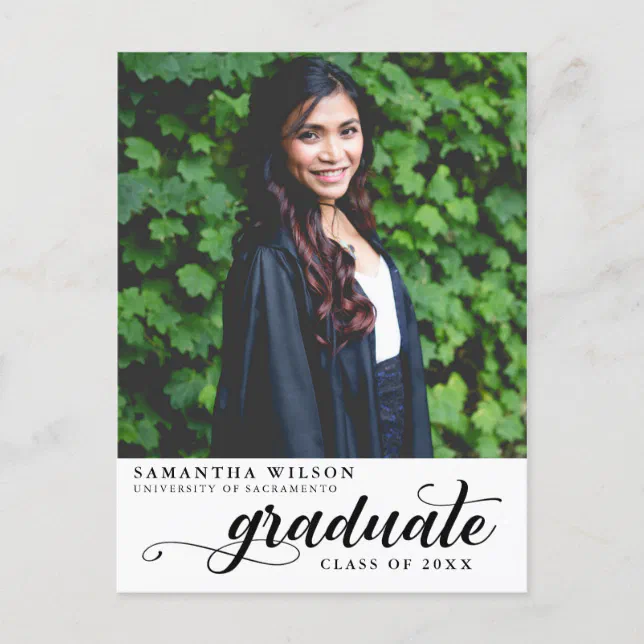 Modern Script Photo Graduation Announcement Postcard | Zazzle