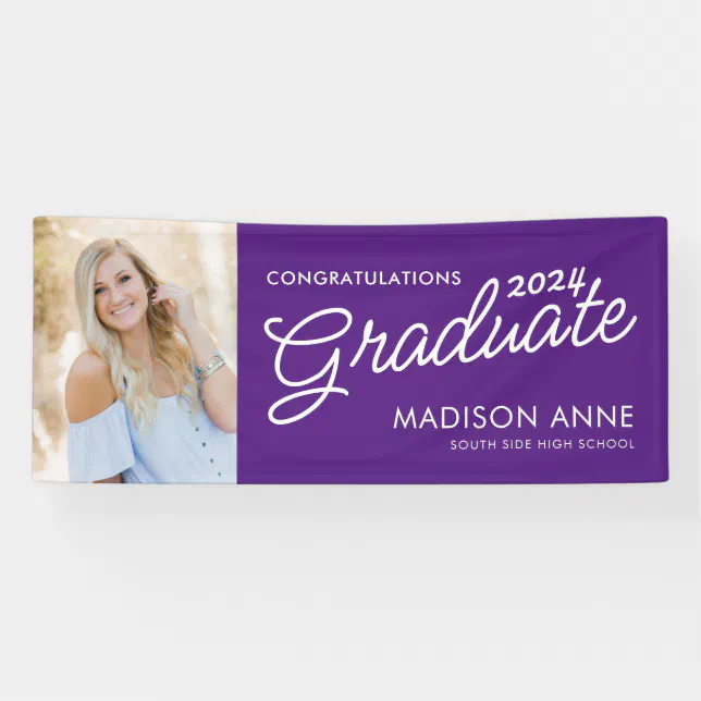 Modern Script Photo Graduation Purple Banner | Zazzle