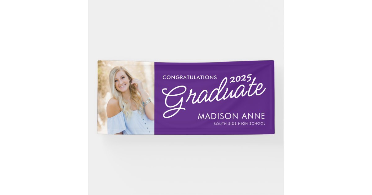 Modern Script Photo Graduation Purple Banner | Zazzle