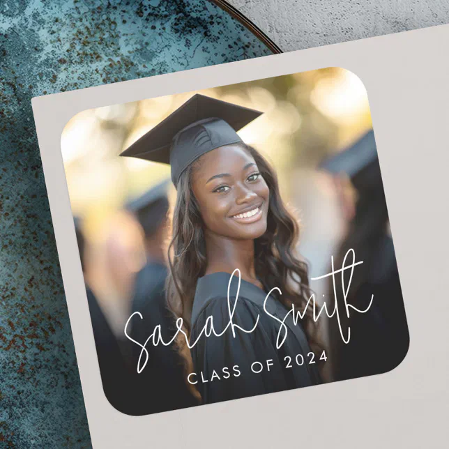Modern script photo graduation square sticker | Zazzle