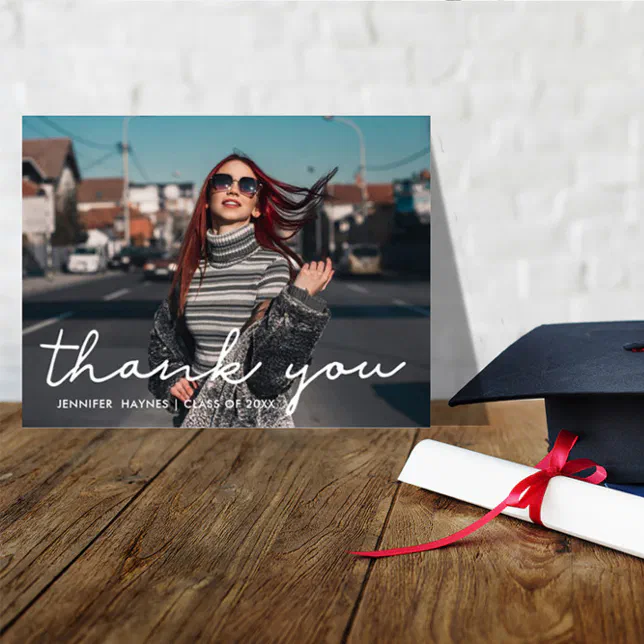 Modern Script Photo Graduation Thank You Postcard | Zazzle