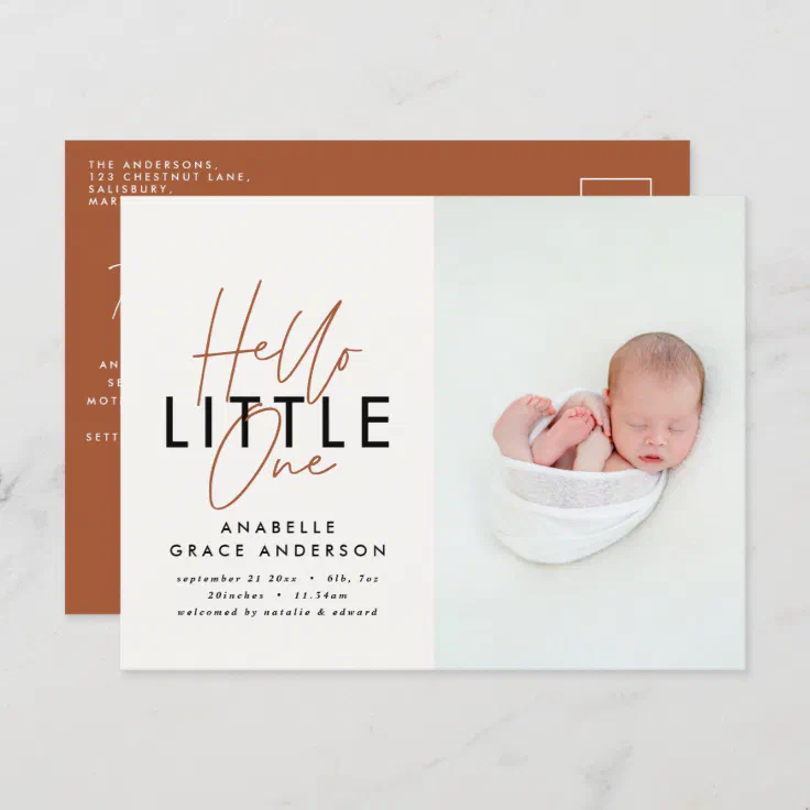Modern script photo hello little one announcement postcard | Zazzle