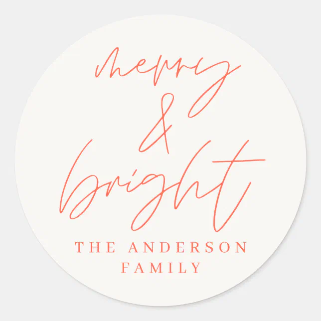 Modern script photo merry & bright red christmas classic round sticker ...