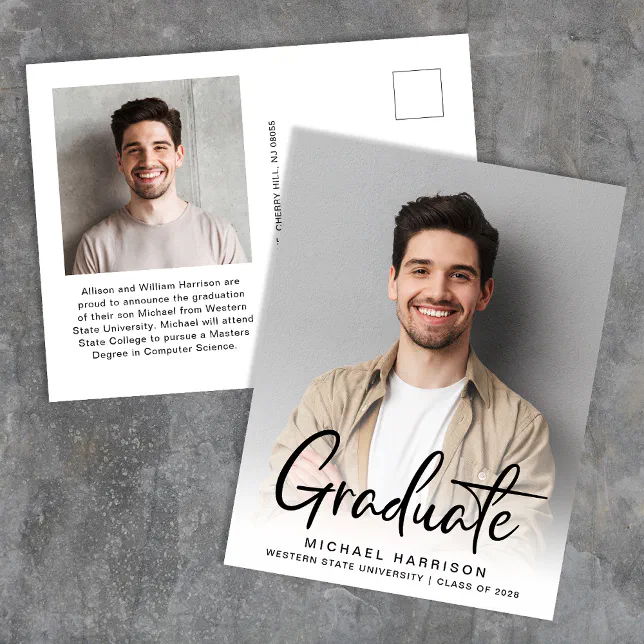Modern Script Photo Overlay Graduation Announcement Postcard | Zazzle