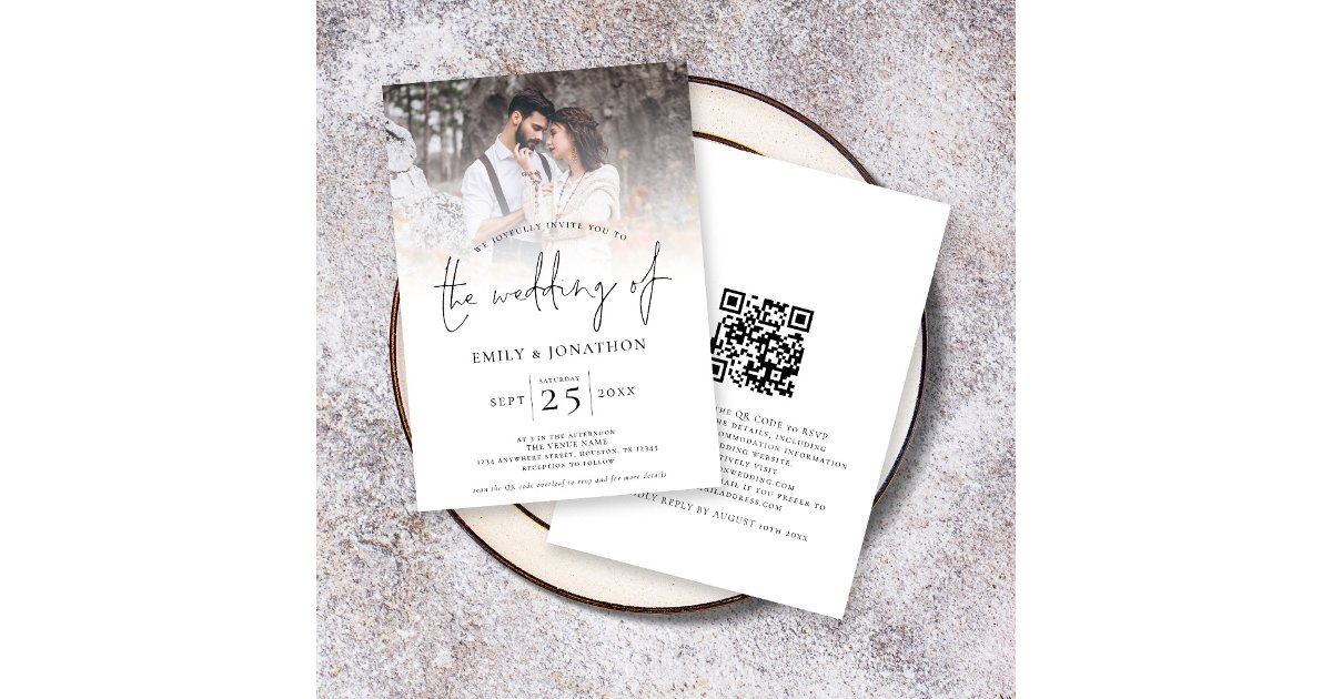 Modern Script Photo Overlay QR Code Wedding Invitation | Zazzle