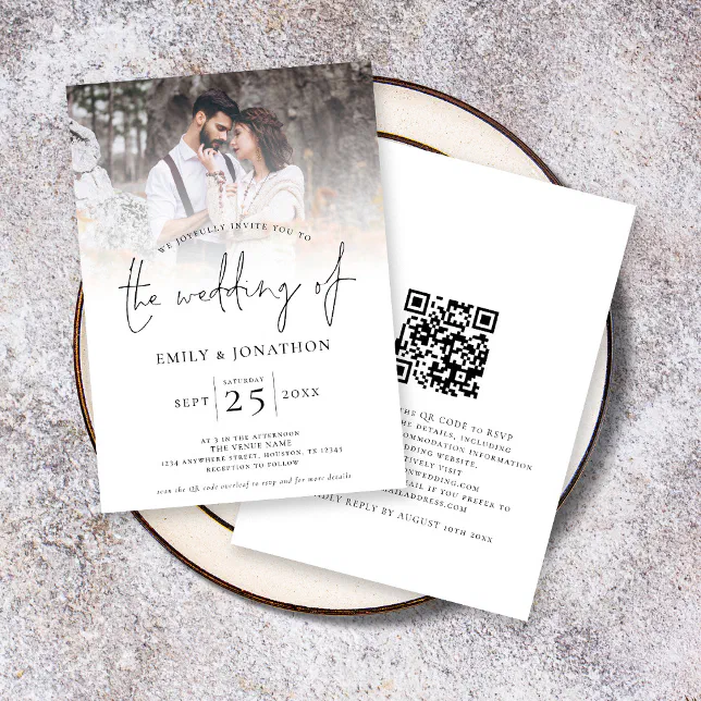 Modern Script Photo Overlay QR Code Wedding Invitation | Zazzle