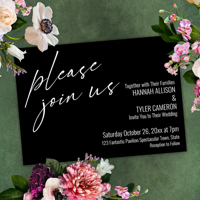 Modern Script Please Join Us Black Wedding Invitation | Zazzle