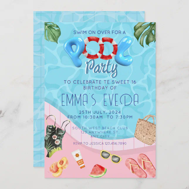 Modern Script Pool Party Sweet 16 Birthday Invitation | Zazzle