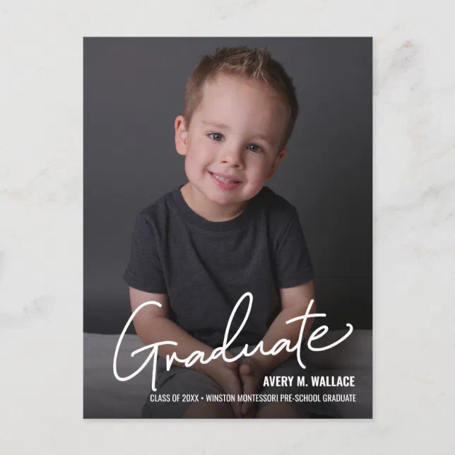 Modern Script Preschool Graduate with Photo Announcement Postcard | Zazzle