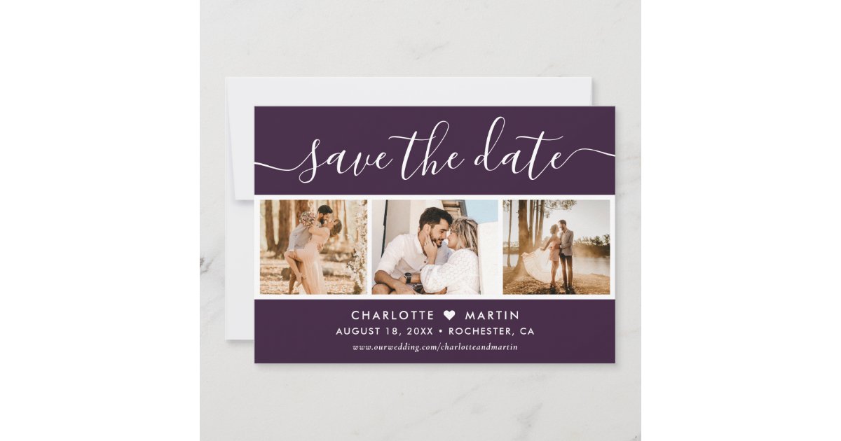 Modern Script Purple Wedding 4 Photo Save The Date | Zazzle