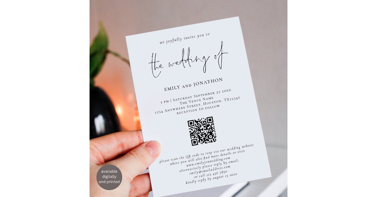 Modern Script QR Code Black and White Wedding Invitation | Zazzle