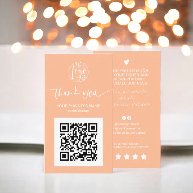 Modern script QR code peach order thank you Business Card | Zazzle