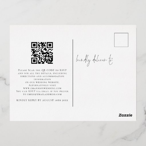 Modern Script QR Code Wedding Real Foil Invitation Postcard | Zazzle