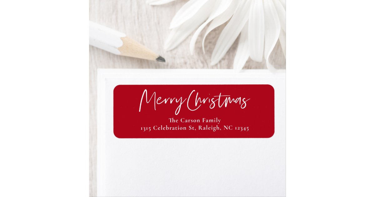 Modern Script Red Christmas Card Return Address Label | Zazzle