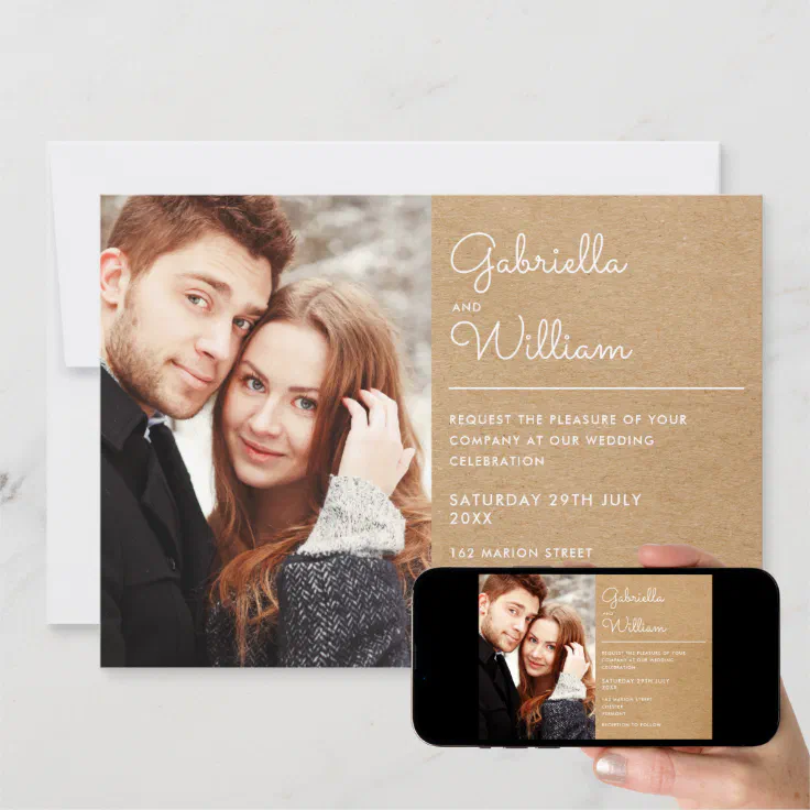 Modern Script Rustic Kraft Photo Wedding Invitation | Zazzle