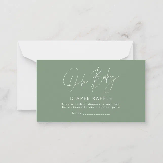 modern script sage green baby shower diaper raffle note card | Zazzle