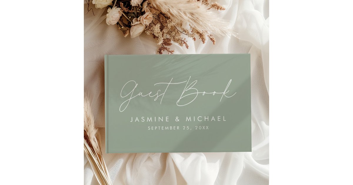Modern Script Sage Green Photo Wedding Guest Book | Zazzle