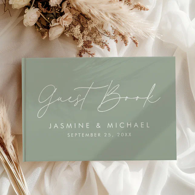 Modern Script Sage Green Photo Wedding Guest Book | Zazzle
