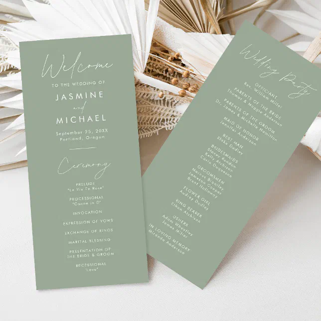 Modern Script Sage Green Wedding Program | Zazzle