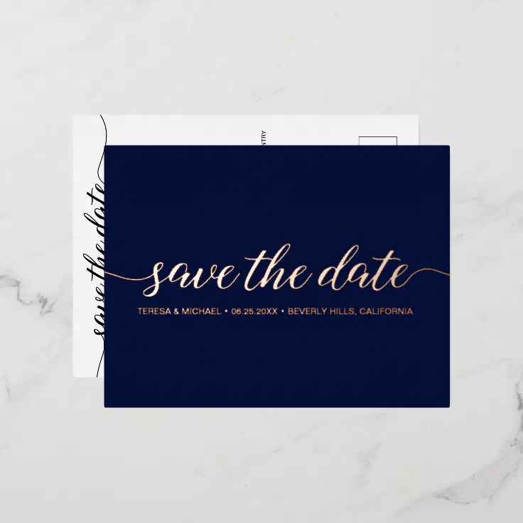 Modern Script Save the date Wedding Blue Rose Gold Foil Invitation Postcard | Zazzle