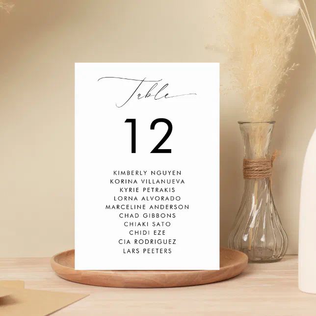 Modern Script Seating Chart Names Minimal Wedding Table Number | Zazzle