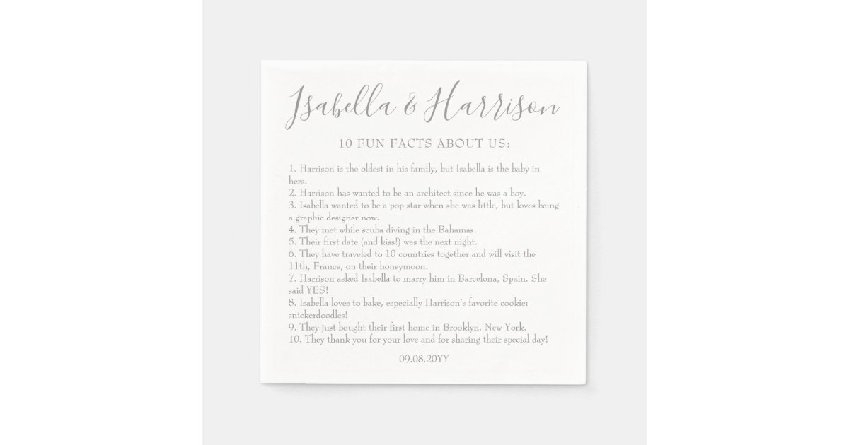 Modern Script Silver Fun Facts Wedding Napkins | Zazzle