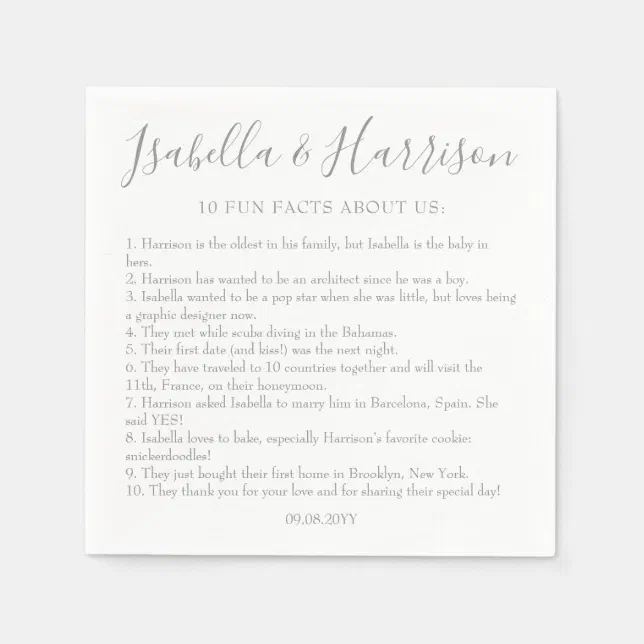 Modern Script Silver Fun Facts Wedding Napkins | Zazzle