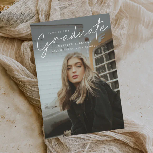 Modern Script Simple Photo Graduation Invitation Postcard | Zazzle