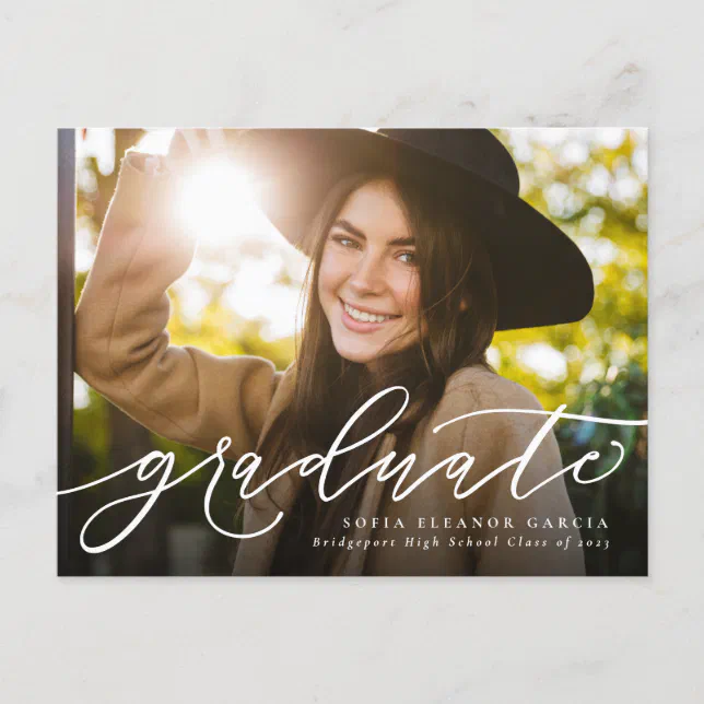 Modern script simple photo graduation invitation postcard | Zazzle