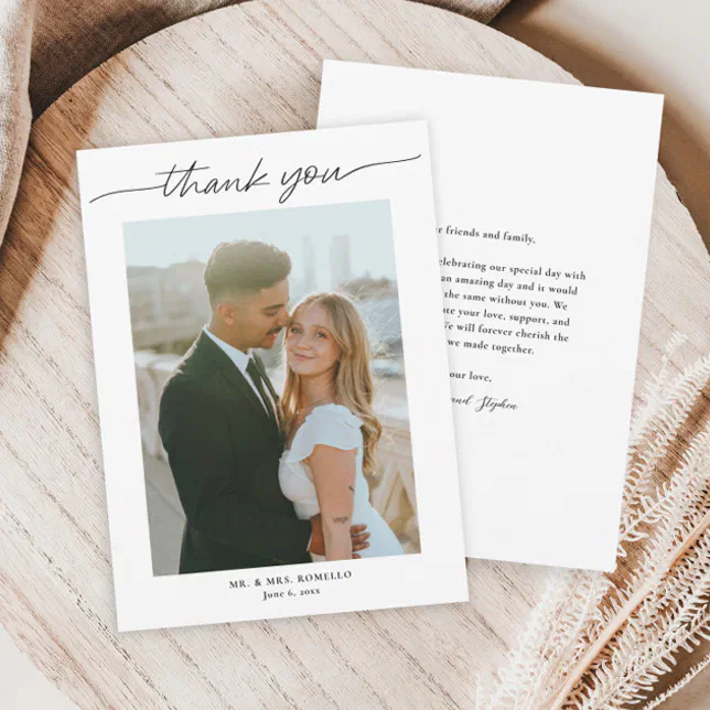 Modern Script Simple Photo Wedding Thank You Card | Zazzle