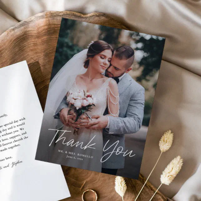 Modern Script Simple Photo Wedding Thank You Card | Zazzle