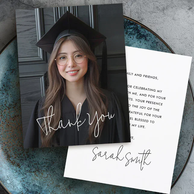 Modern script simple photo white graduation thank you card | Zazzle