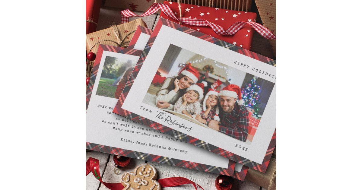 Modern Script Simple Plaid Photo Holiday | Zazzle