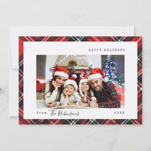 Modern Script Simple Plaid Photo Holiday | Zazzle