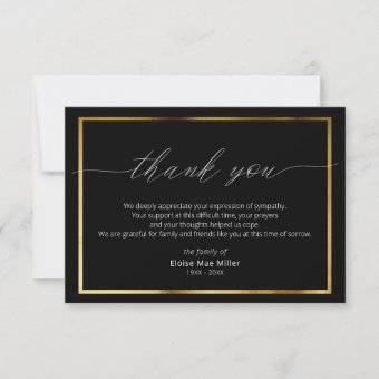 Modern Script Simple Sympathy Gold Thank You Card | Zazzle