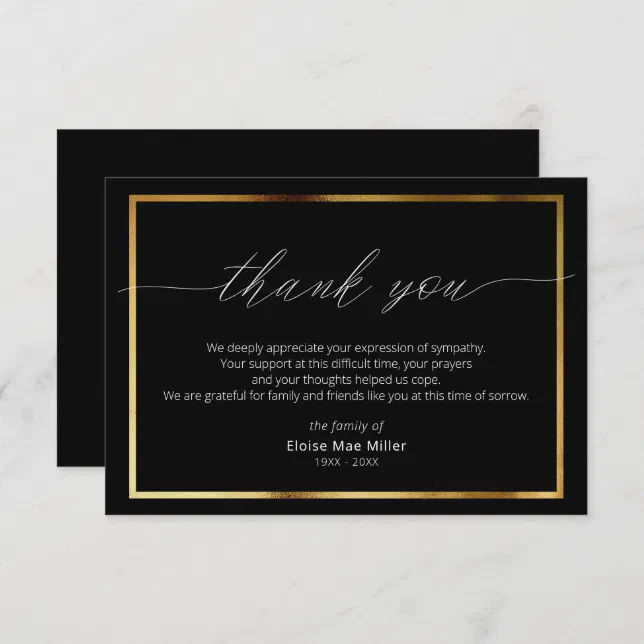 Modern Script Simple Sympathy Gold Thank You Card | Zazzle