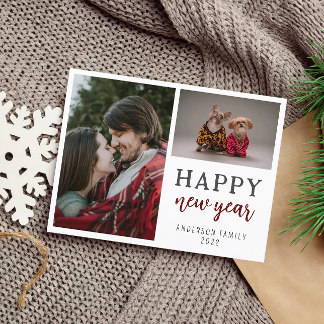 Modern Script Two Photo Family Happy New Year Postcard | Zazzle