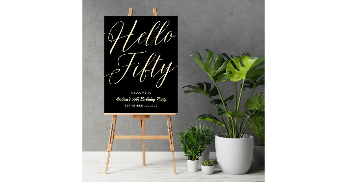 Modern Script Typography Hello Fifty Black Gold Foam Board | Zazzle