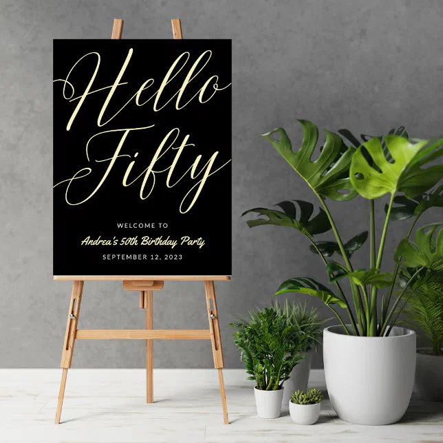 Modern Script Typography Hello Fifty Black Gold Foam Board | Zazzle