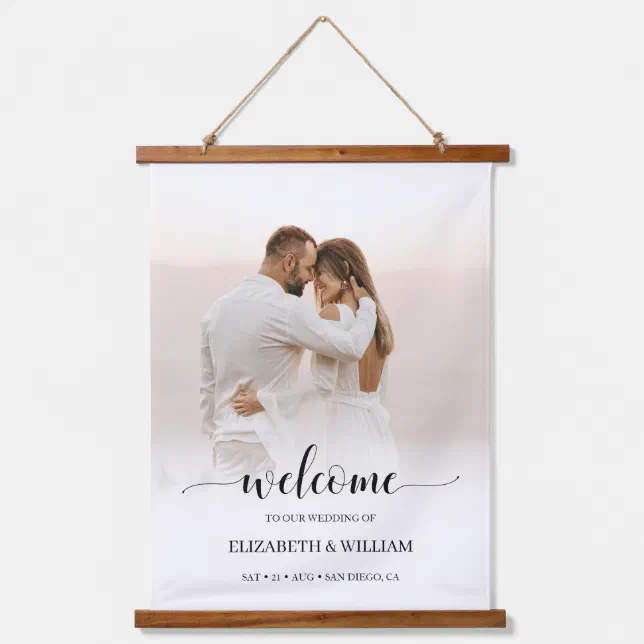 Modern Script Vertical Photo Wedding Welcome Sign Hanging Tapestry | Zazzle