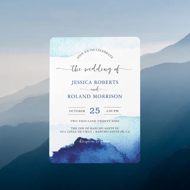 Modern Script Watercolor Indigo Blue Wedding Invitation | Zazzle