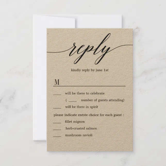 Modern Script Wedding RSVP with Menu Options Kraft Invitation | Zazzle