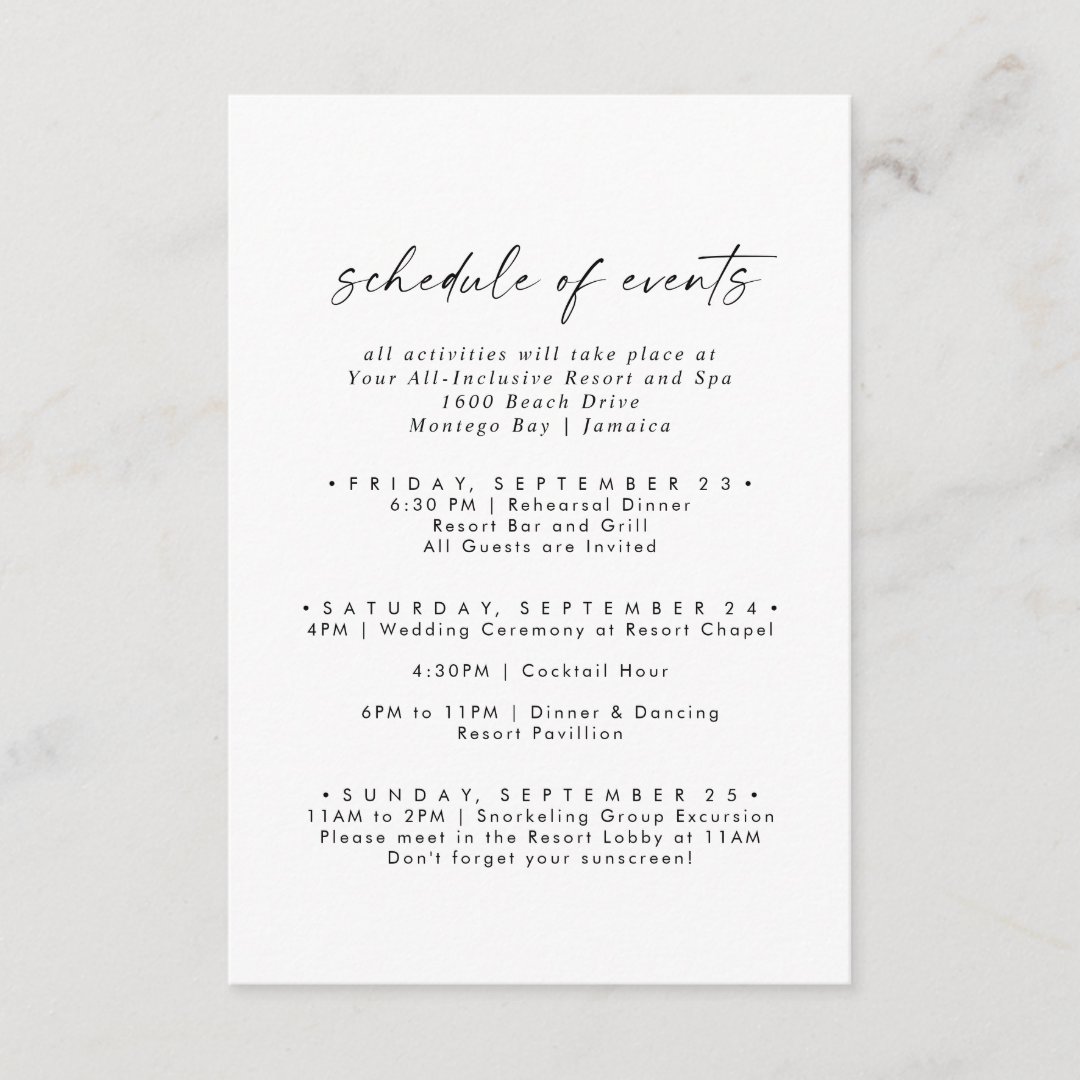 Modern Script Wedding Weekend Schedule of Events Enclosure Card | Zazzle