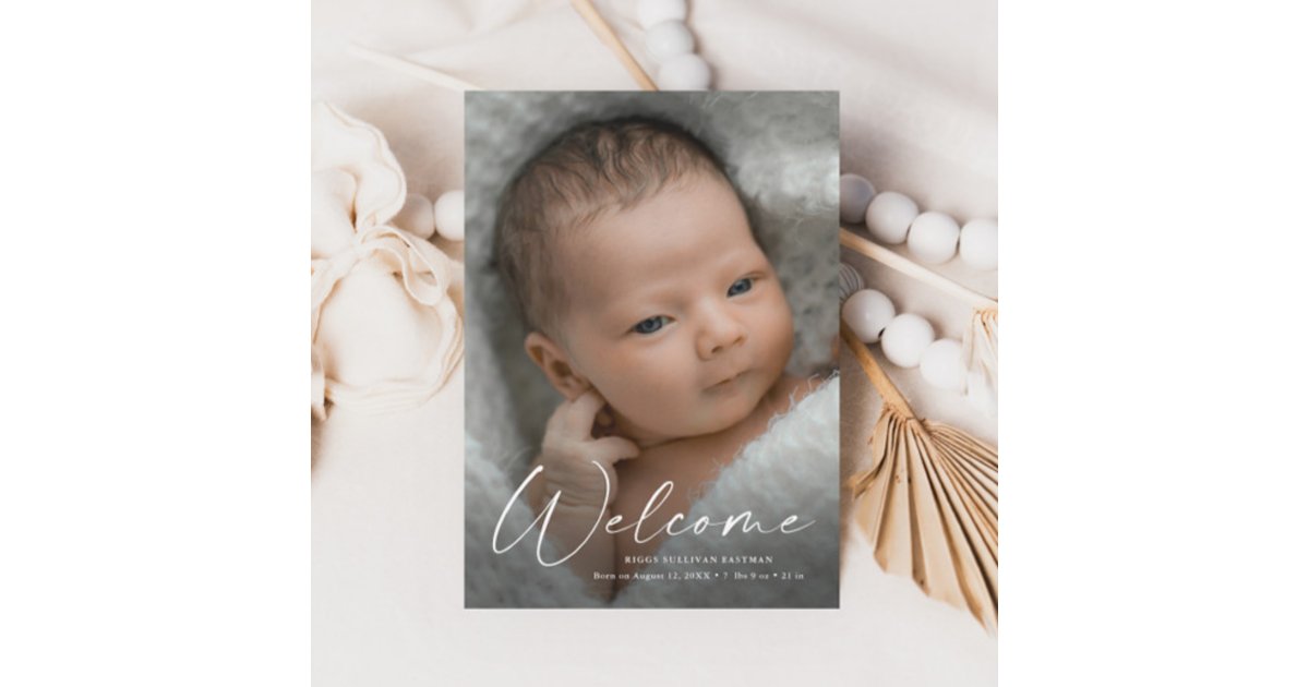 Modern Script Welcome Baby Photo Birth Details Thank You Card | Zazzle