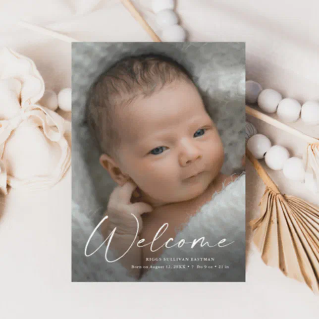 Modern Script Welcome Baby Photo Birth Details Thank You Card | Zazzle