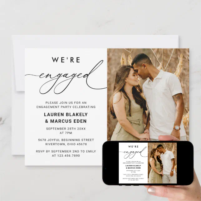 Modern Script We're Engaged Photo Engagement Party Invitation | Zazzle