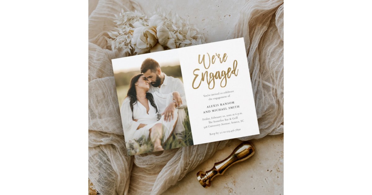 Modern Script We're Engaged Photo Engagement Party Invitation | Zazzle